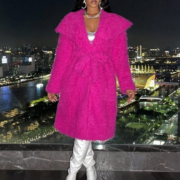 Jackets & Coats | Hot Pink Preppy Womens Waterfall Collar Belted Fuzzy ...
